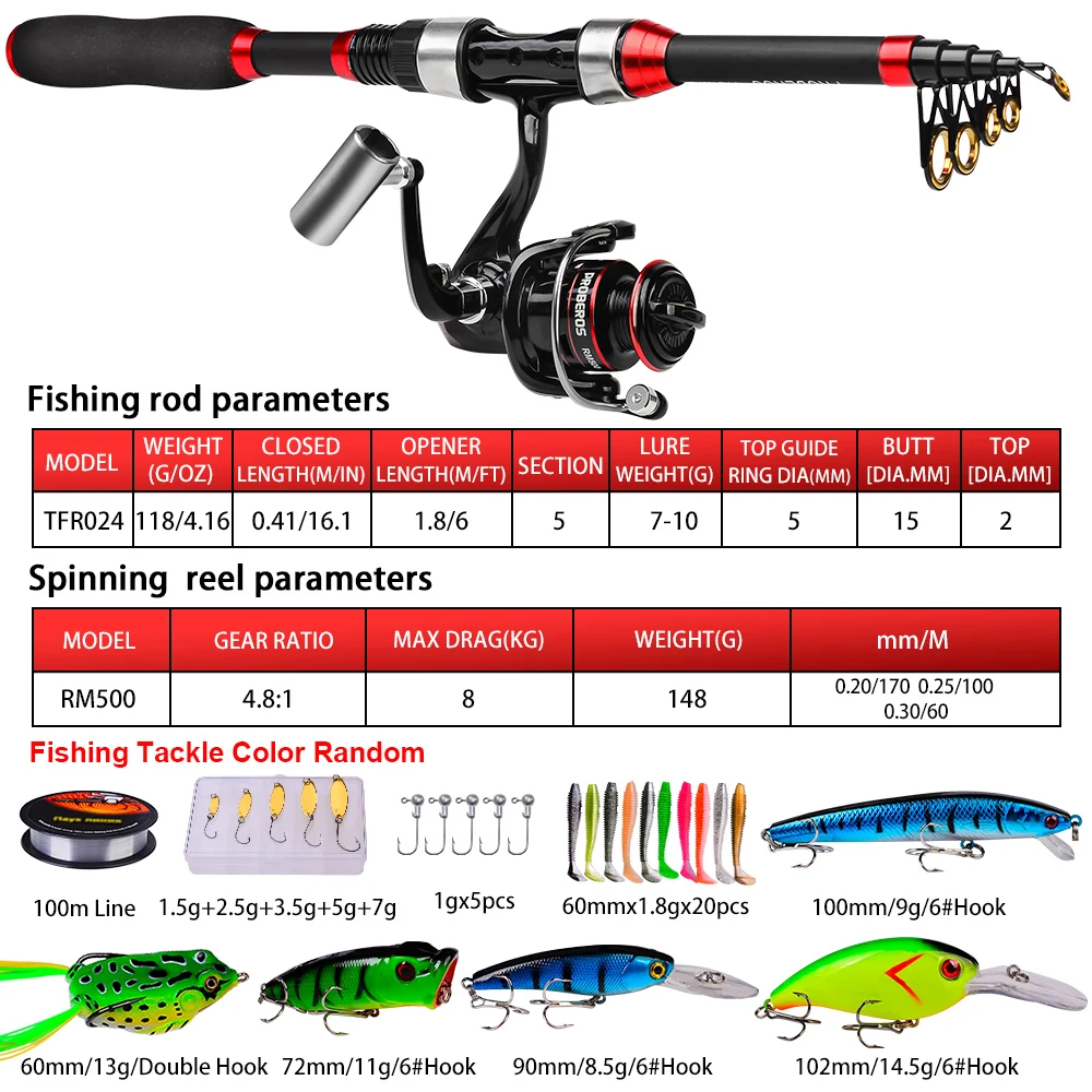Spinning Telescopic Fishing Rod And Reel Combo Kit Set With Line Lures ...