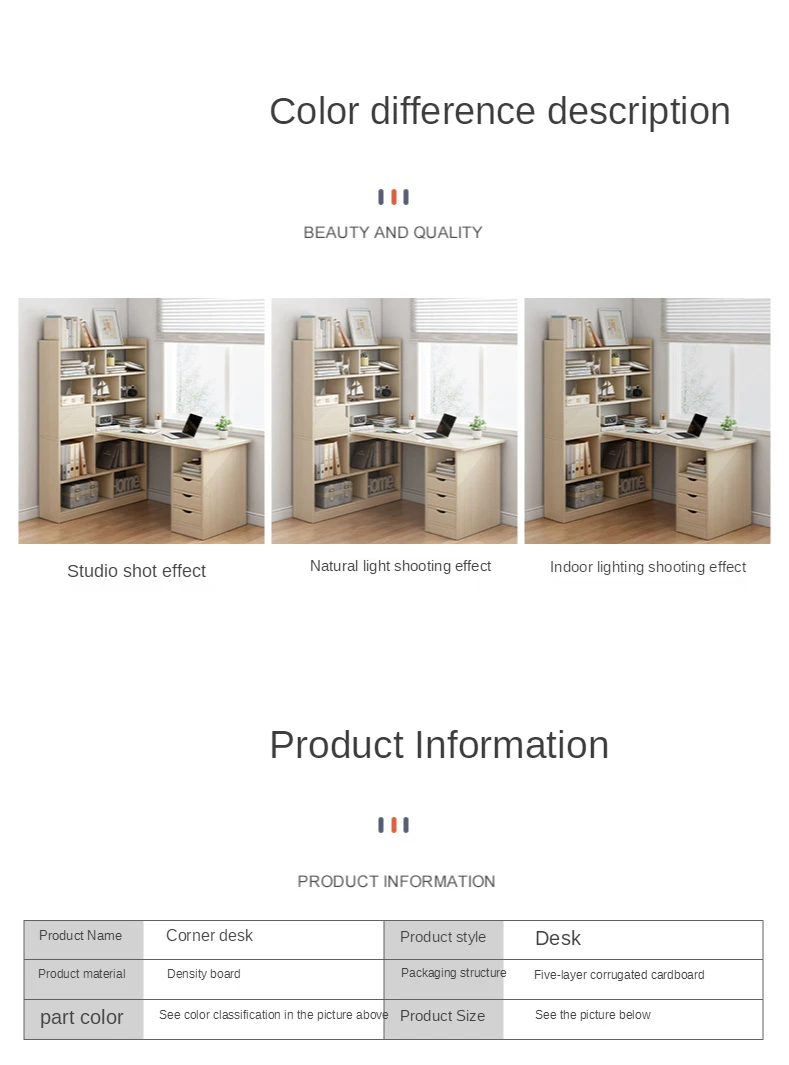 Modern Escritorio Wooden Corner Desk Bookcase Combination