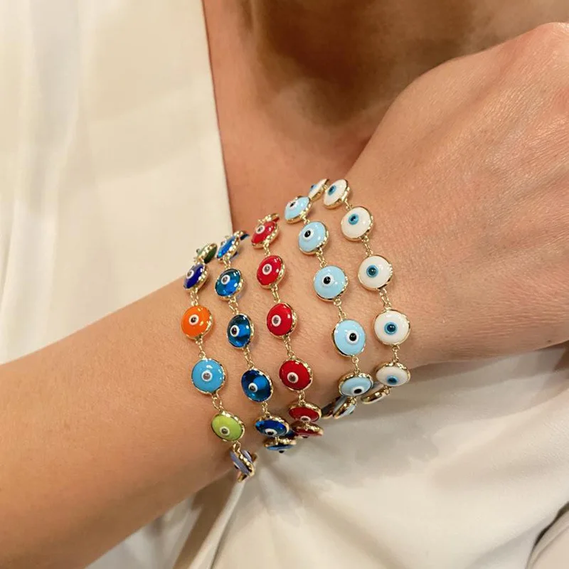 Colorful 18k Gold Plated Colorful Turkish Evil Eyes Charm Adjustable Bracelet Bohemian Enamel ...