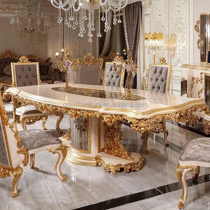 European Style Solid Wood Carved Gold Foil Dining Table