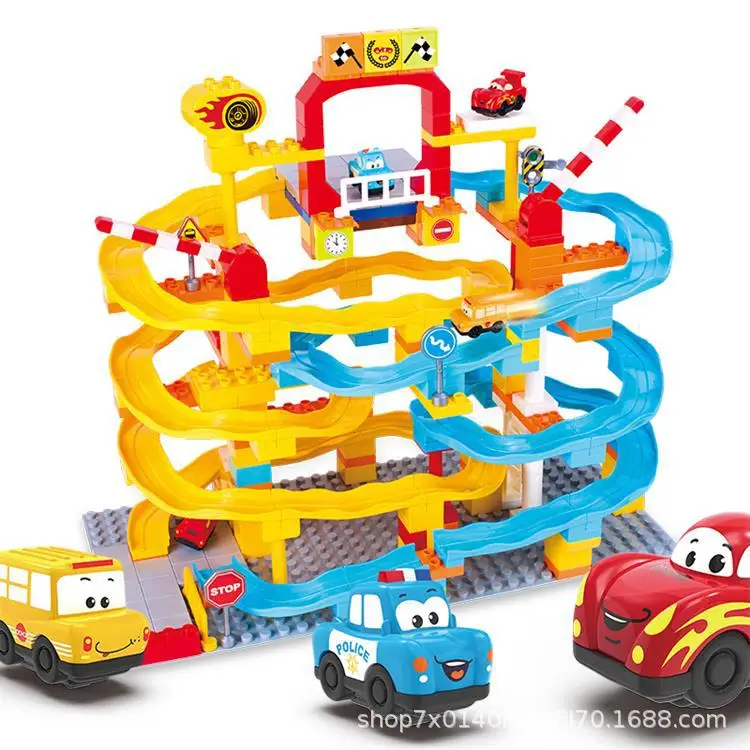 Dual Track Car Slide Building Blocks Children Diy Assembly Parking Lot ...