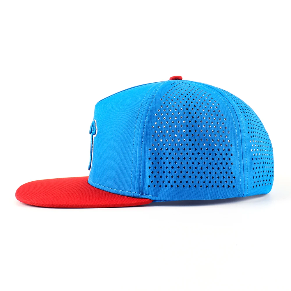 Customized 5 Panel Flat Brim Laser Cut Perforated Hat Waterproof Nylon ...