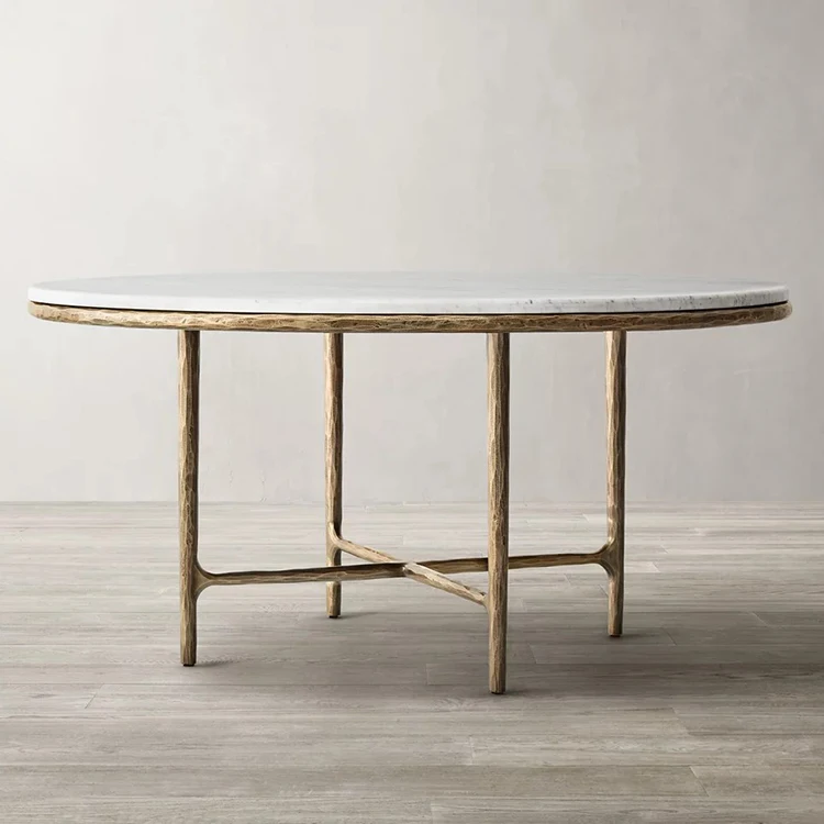 Luxury Thaddeus Marble Round Dining Table Forged Metal Hammered Finishes Round Frame Dining ...