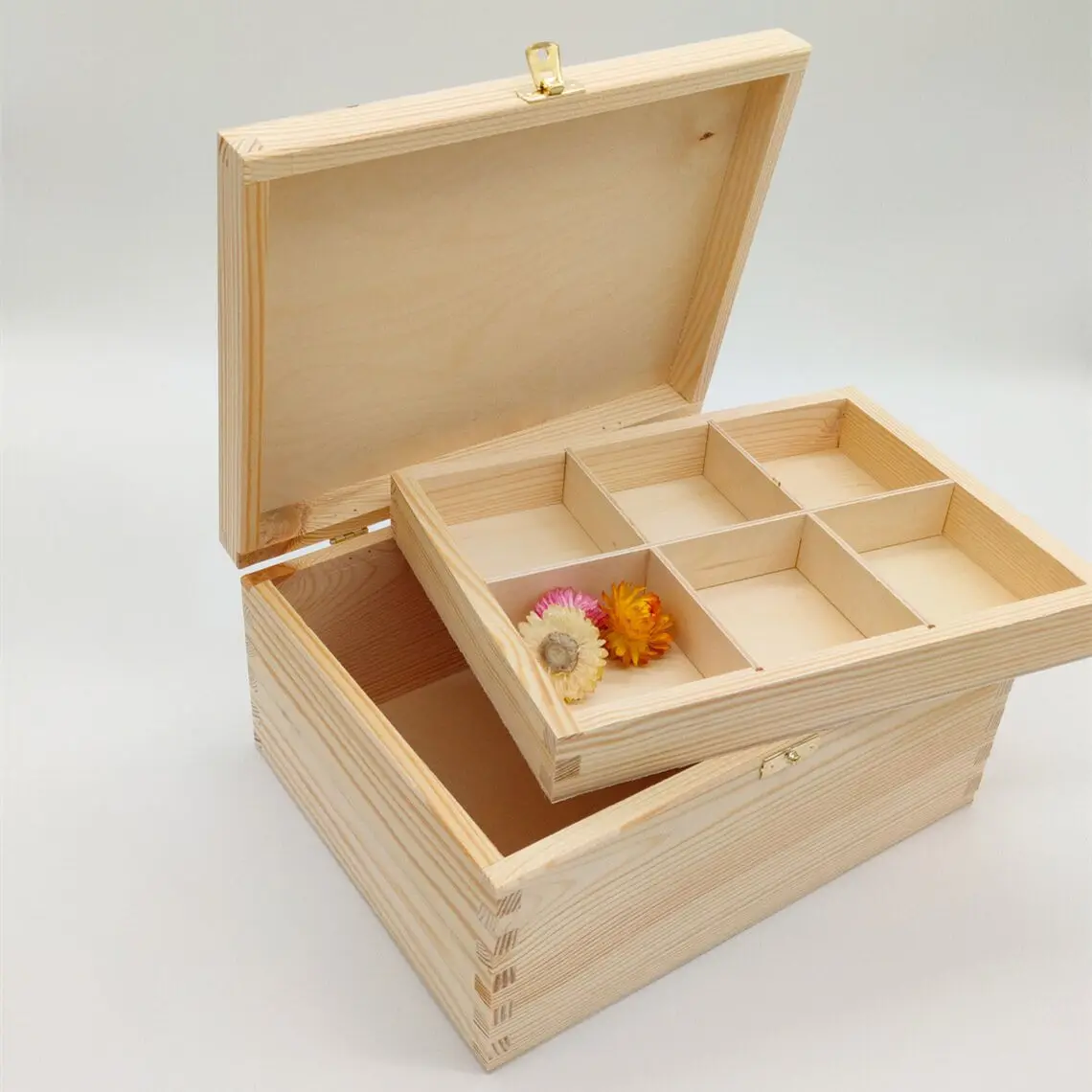 Pine Wood Storage Box With Compartments Tray Gift Box For Tea Coffee ...