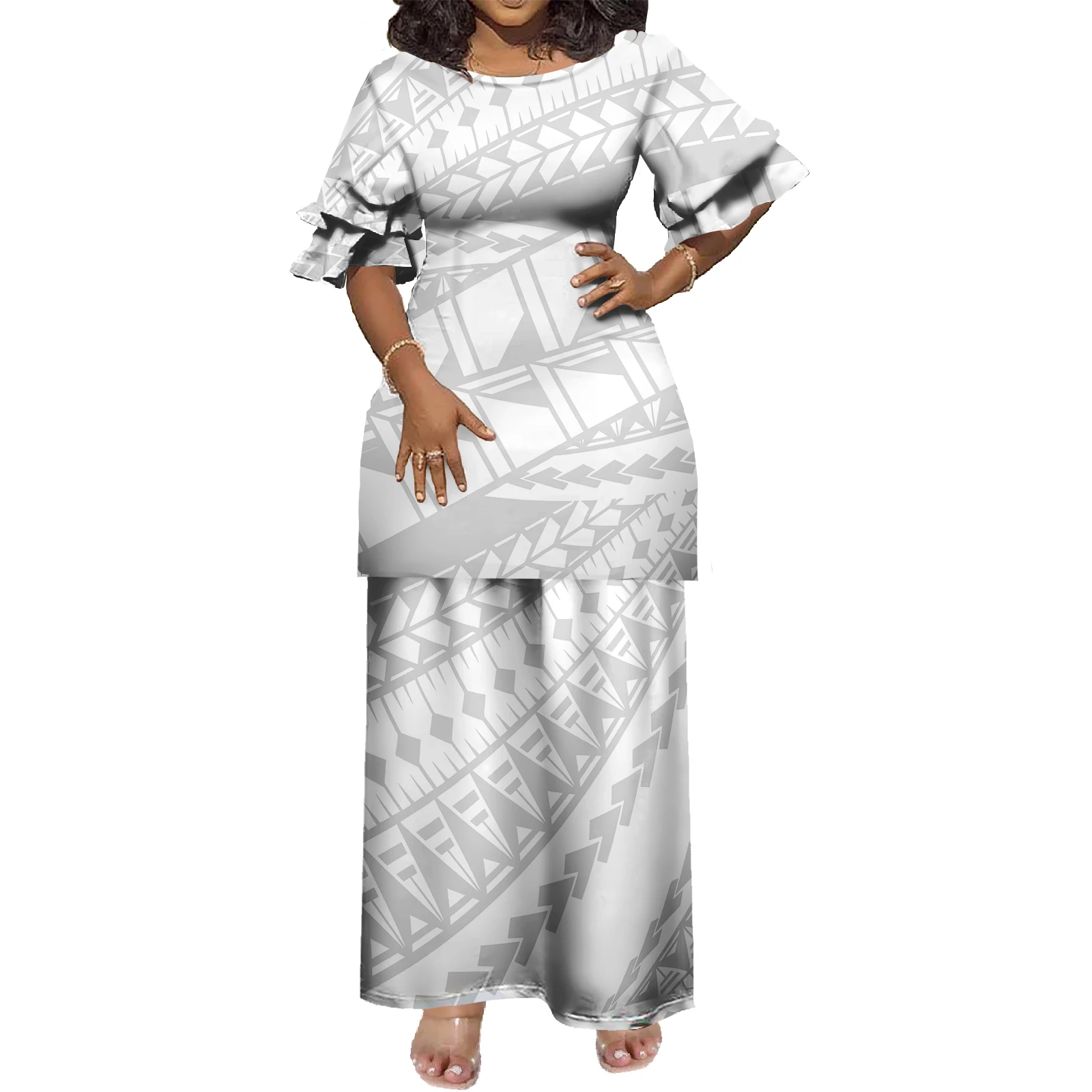 Samoa Puletasi Polynesian Tribal Print White Custom Ladies Plus Size Women's Sets Church Dress ...