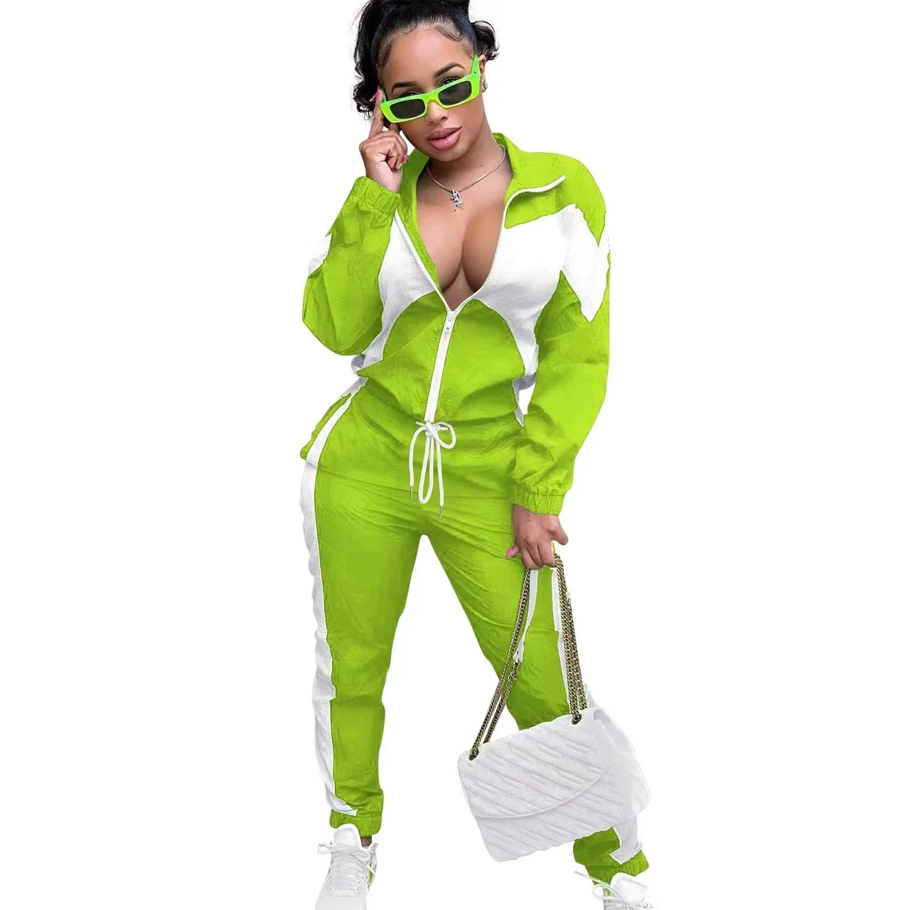 Conyson Women Tracksuit Custom Logo Color Block Cardigan 2 Piece Plus Size Women's Clothing High ...
