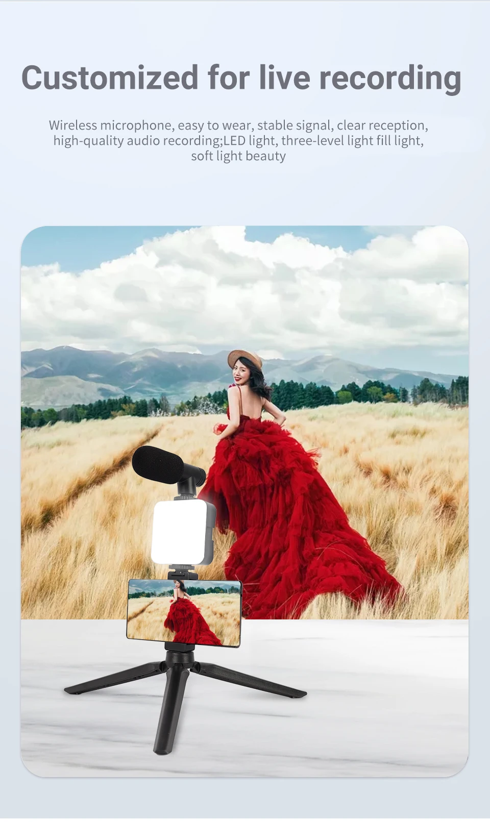 Youtube Tripod with Microphone and Light for Camera Phone