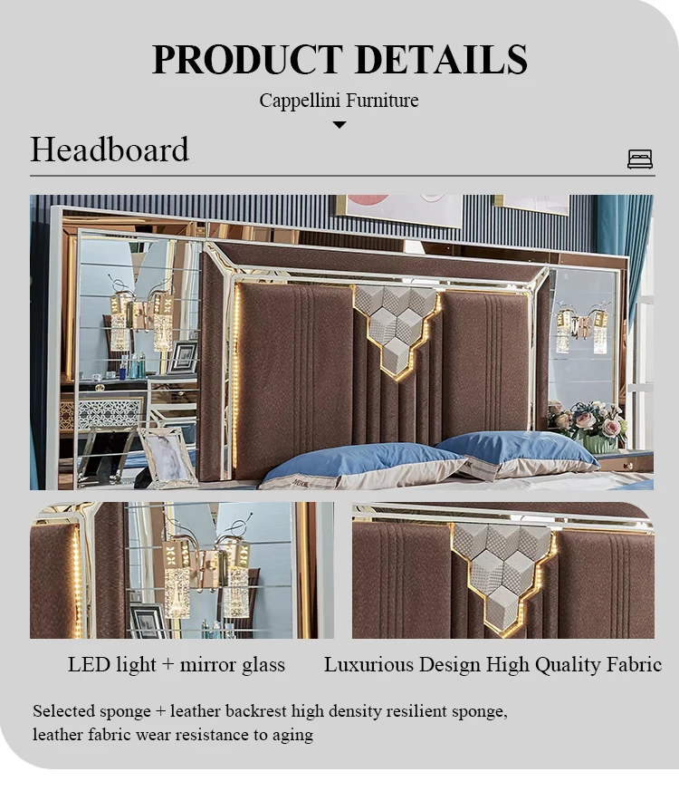 Modern Design Mirrored Headboard Queen Size Double Upholstered Bed Room ...