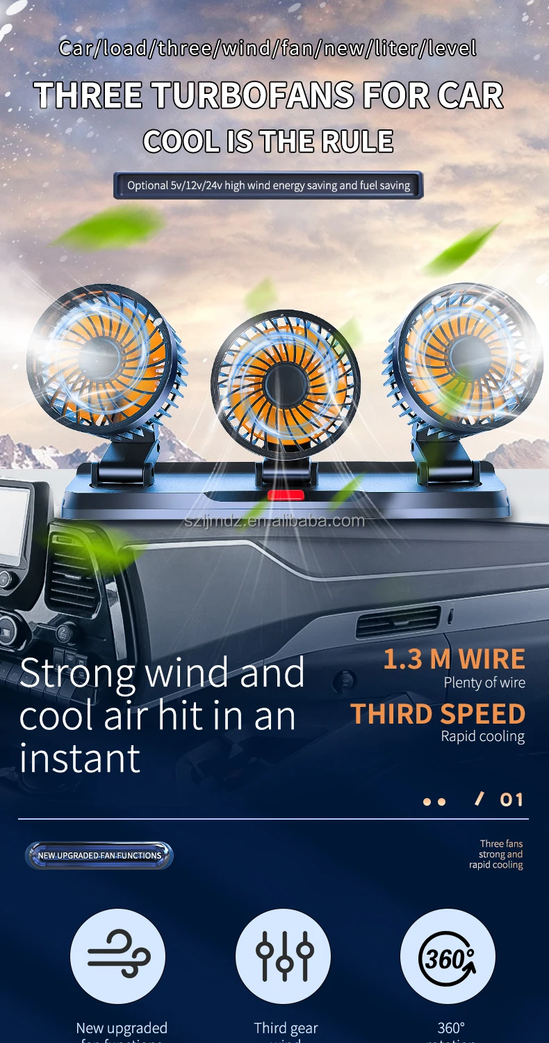 2-in-1 3 Heads Car Fan 360 Degree Rotating 3 Speeds Cooling Air ...