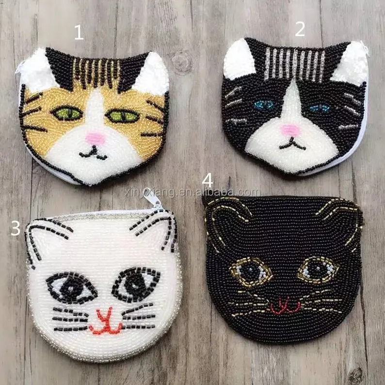 Factory Custom Gold Hand Beaded Crazy Cute Cat Face Pouch, Women's ...