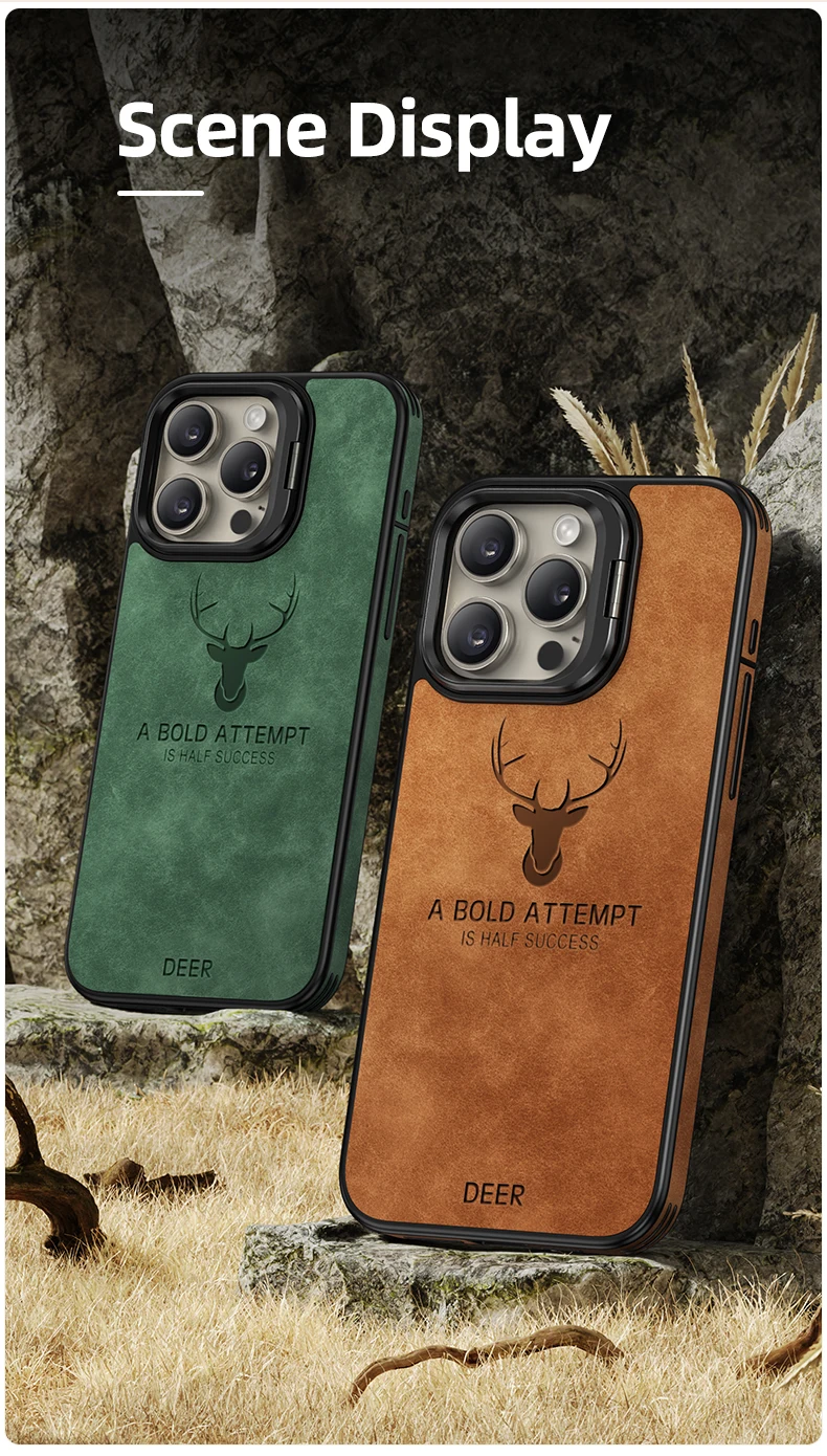 Luxury Deer Leather Camera Lens Holder Phone Case For Iphone 15 14 13 ...