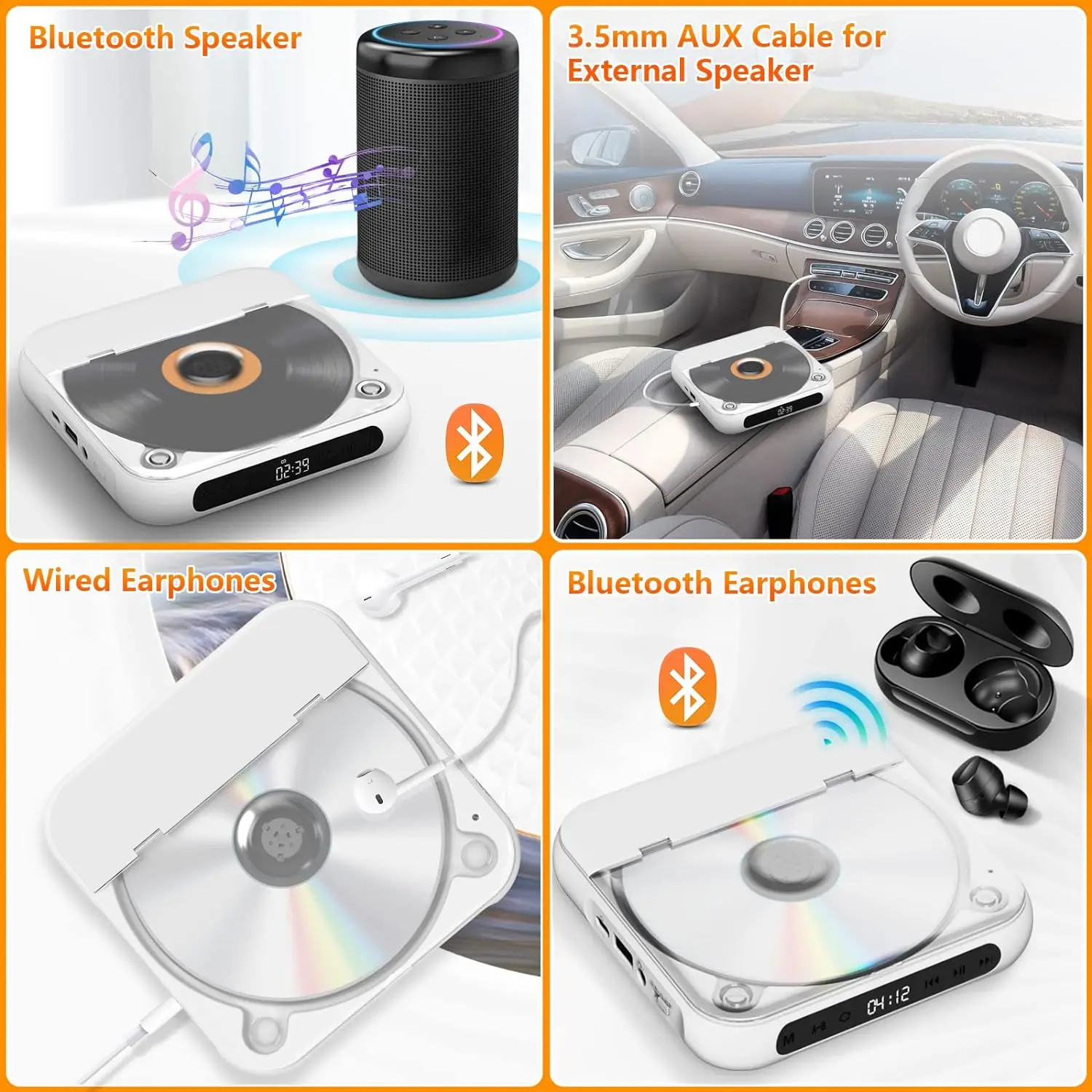Portable Cd Player With Bluetooth 1200mah Rechargeable Battery Personal ...