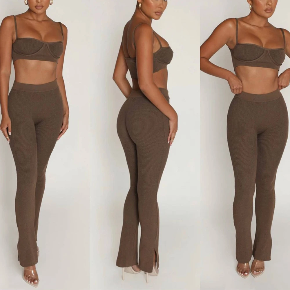 Two Piece Pant Set Sexy Rib Knit Women Skims Set Designer Lady Brown Crop Top And Wide Leg Pants ...