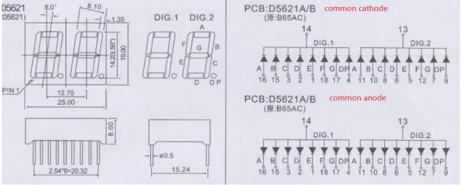 18 Pin 2 Digit Cathode 0.56" 7 Segment Display 25*19*8mm Led Seven ...
