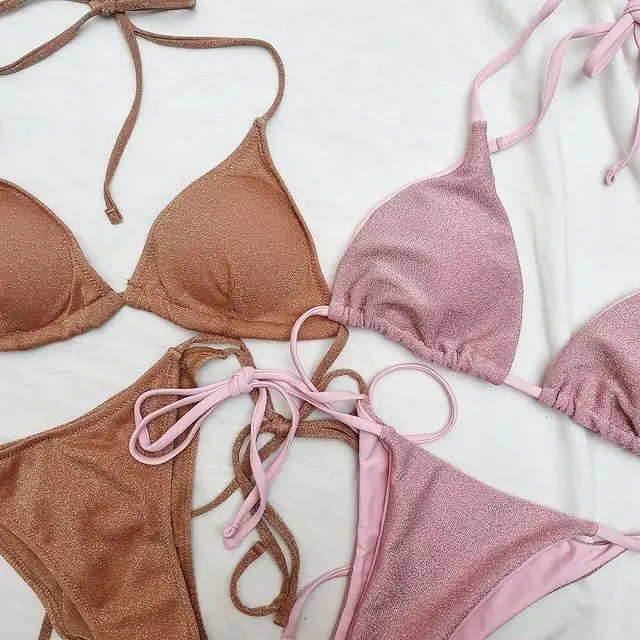 Oem Swim Wear Sparkly Swimming Suit 3 Pieces Glitter Triangular Bikini ...