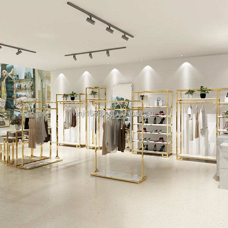 High-end Metal Gold Retail Store Display Rack for Dresses - OEM Available
