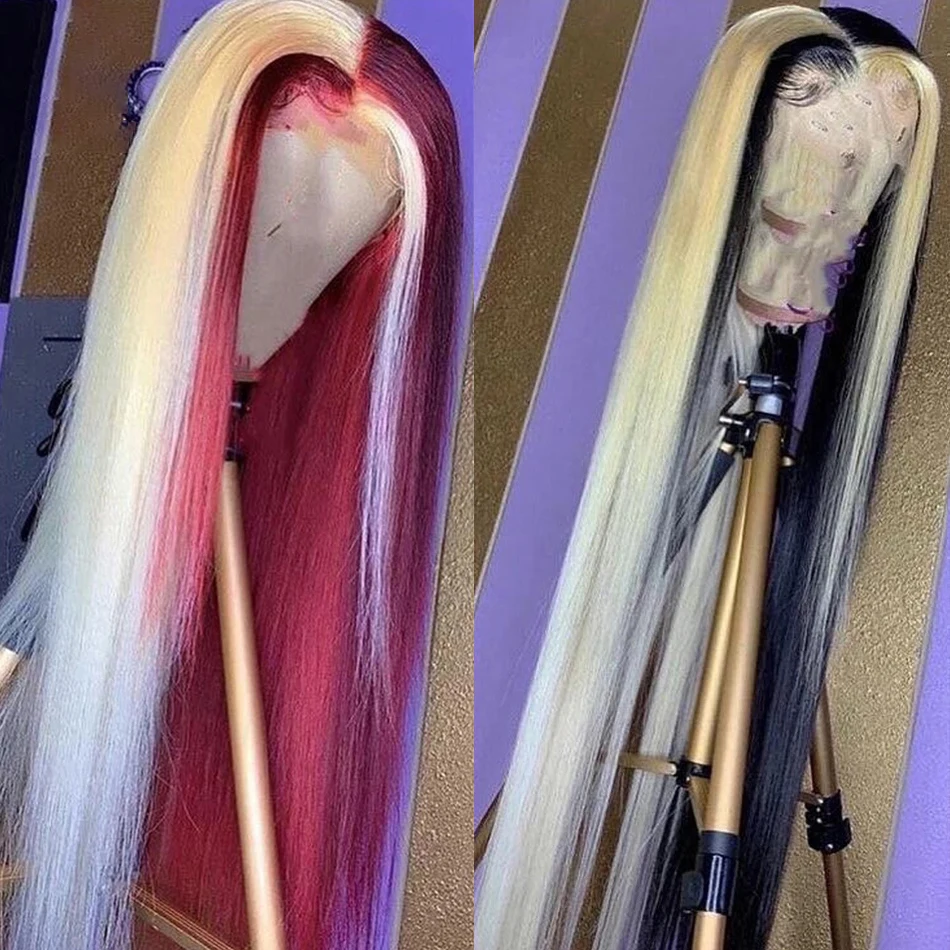 Split Hair Color Wigs - Half Pink, Half Blonde, Half Black