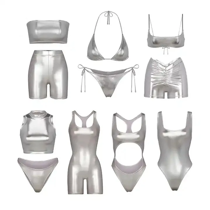 Oem Womens Shiny Metallic Bikini Ladies Solid Metallic Swimwear Sexy Luxury Glitter 2 Piece