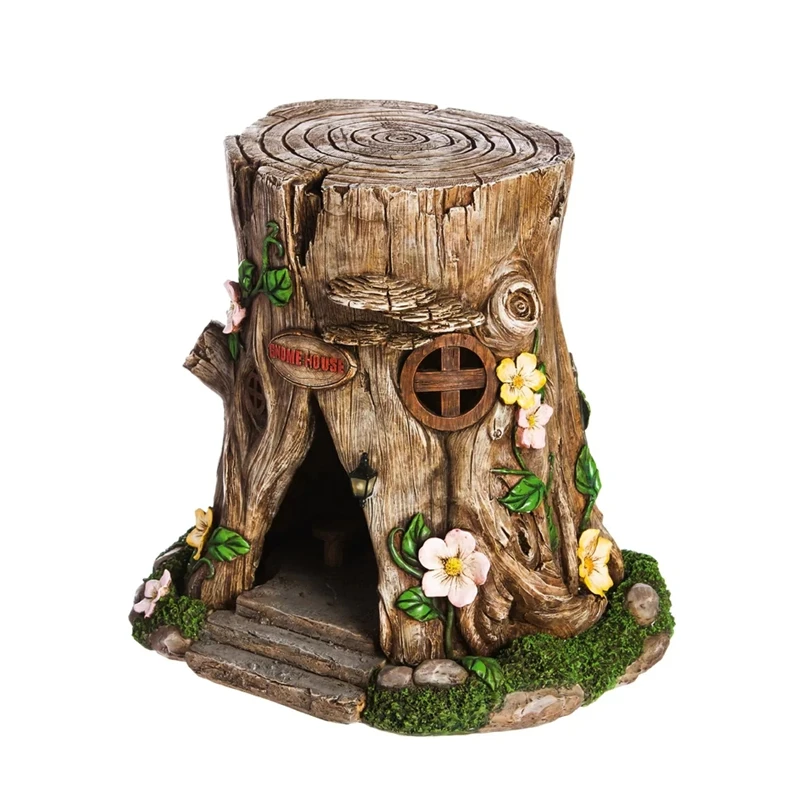Poly Resin Solar Lighted Tree Stump Fairy Garden House Figurine