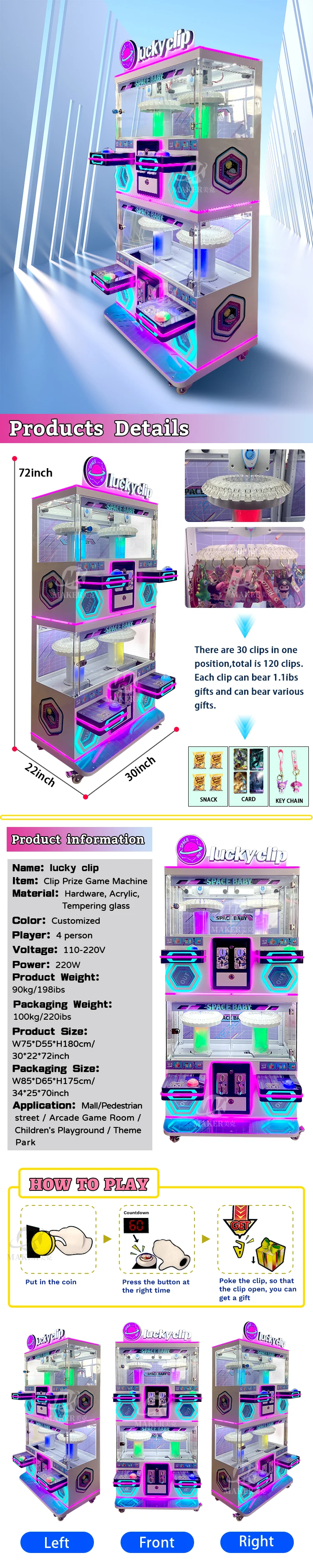 Coin-operated Metal Clip Claw Machine - 4-Player Arcade