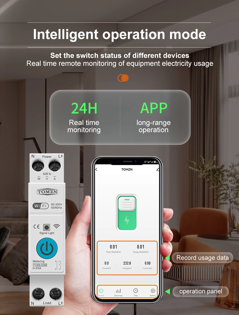 TOMZN 63A 1P+N WIFI Smart Switch - Energy Metering & Protection