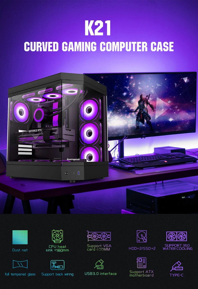 K21 M-ATX/ATX Curved PC Case - Full View Tempered Glass, ARGB Fan ...