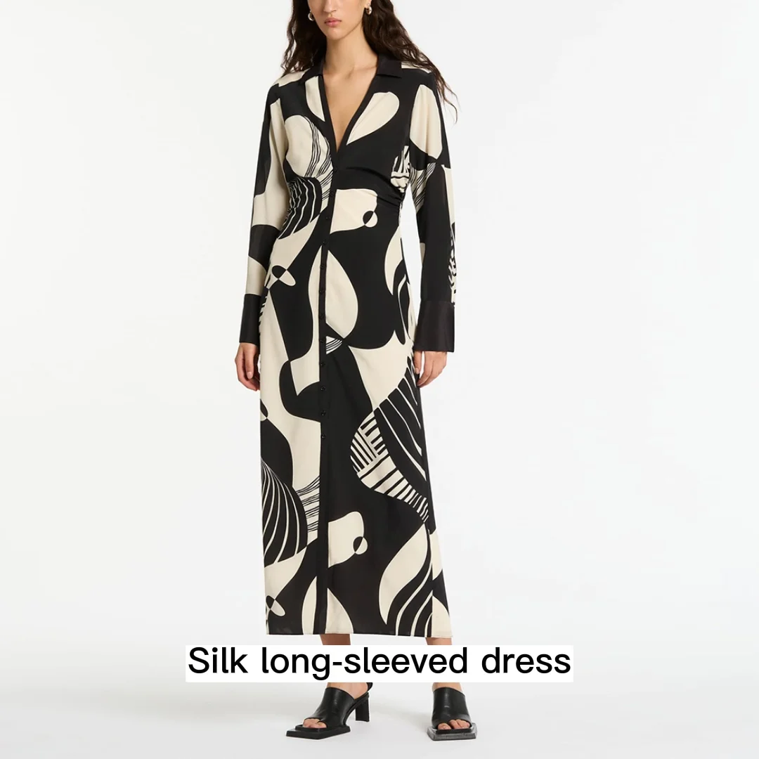 Custom Women Clothing Elegant Long Sleeve Single-breasted Midi Dress V ...