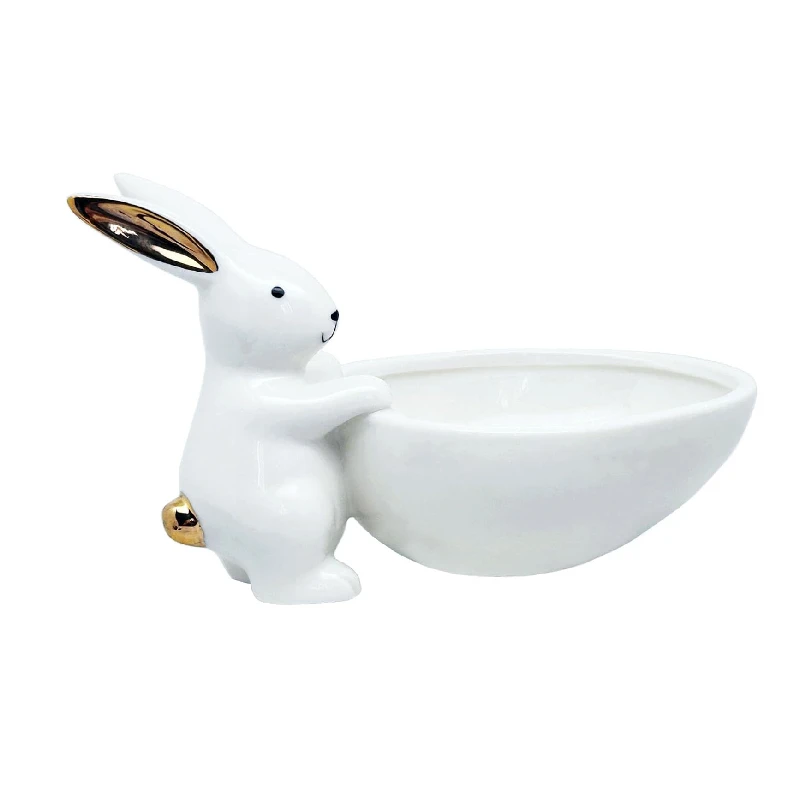 Easter Bunny Candy Dish Porcelain White Gold Rabbit Bunny Easter Decor ...
