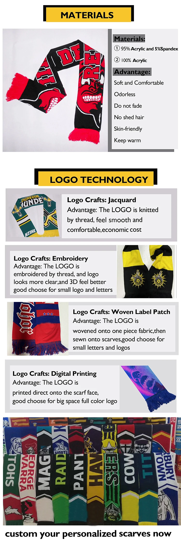 Jacquard Knitting Pattern Football Scarf Football Scarf Custom Logo ...