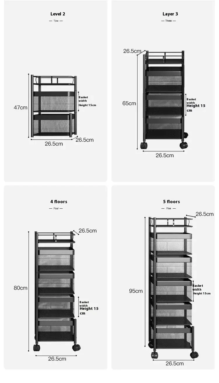 Metal Trolley Cart with Multilayer Rotating Vegetable Baskets