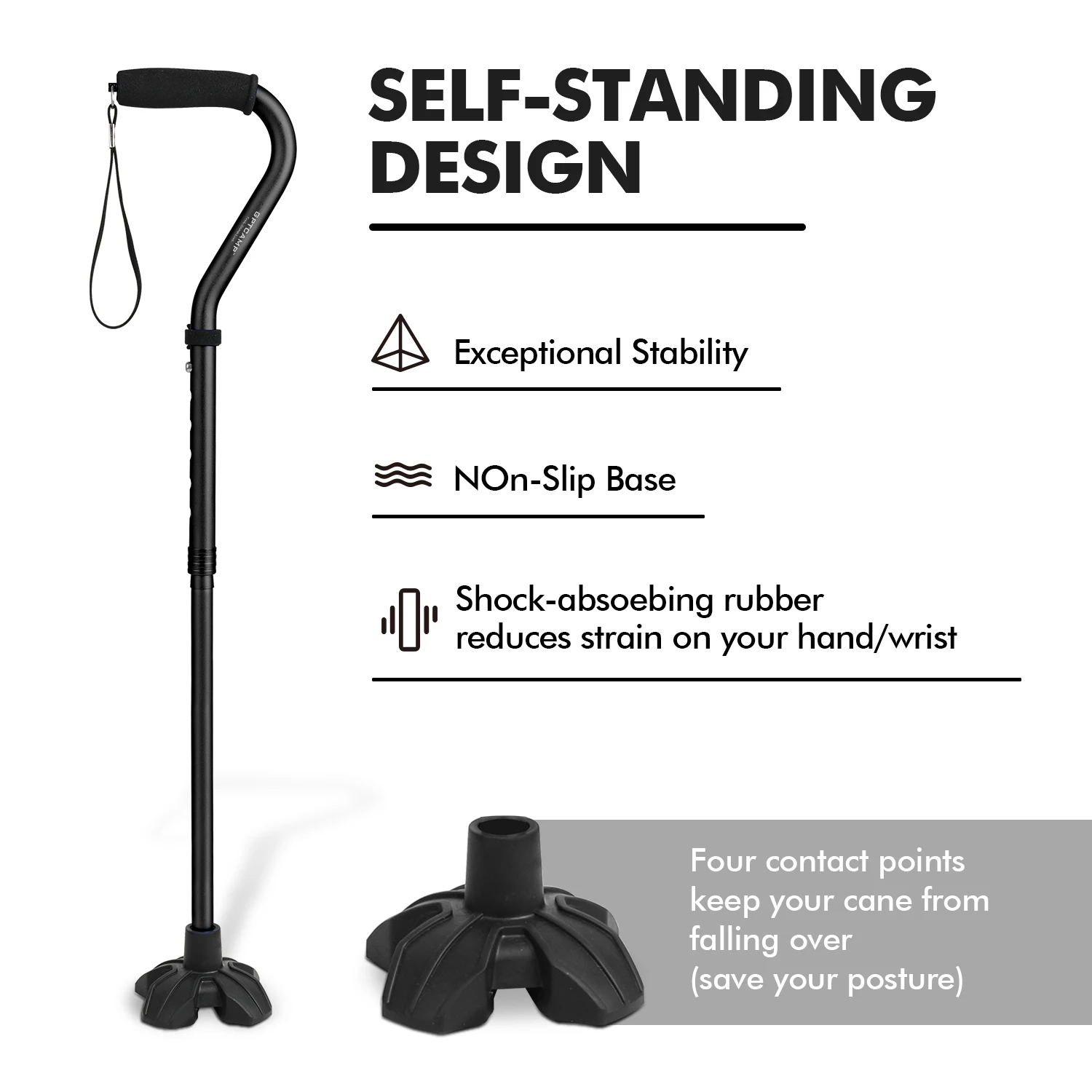 Kinggear Self Standing Cane Tip - Anti-Slip Quad Rubber