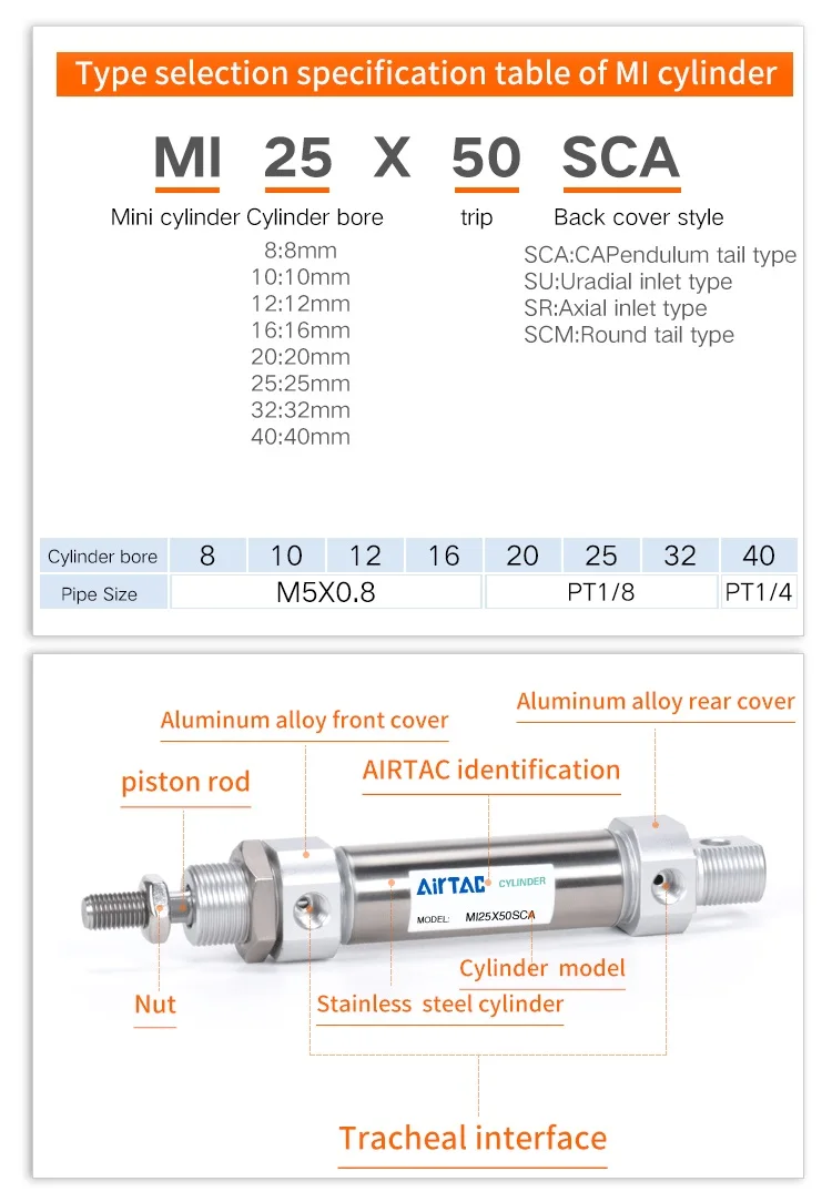 AIRTAC Cylinder MI20*25 Stainless Steel - Compact & Durable