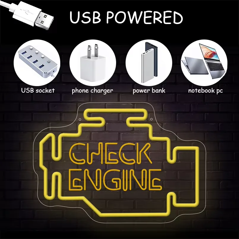 Check Engine Neon Sign for Wall Decor Car LED Wall Sign with USB ...