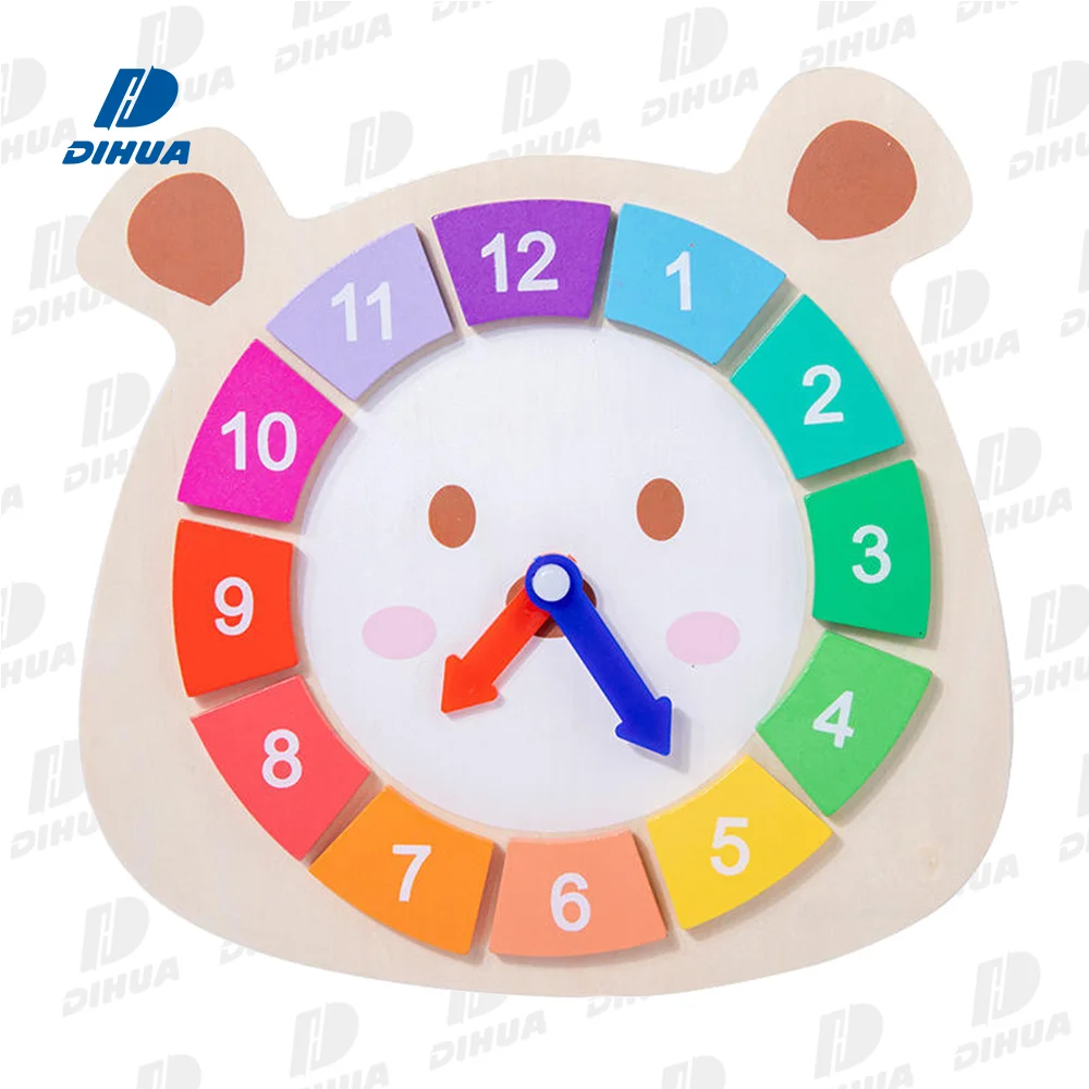 Wooden Montessori Toys - Clock with Rainbow Bear Pieces