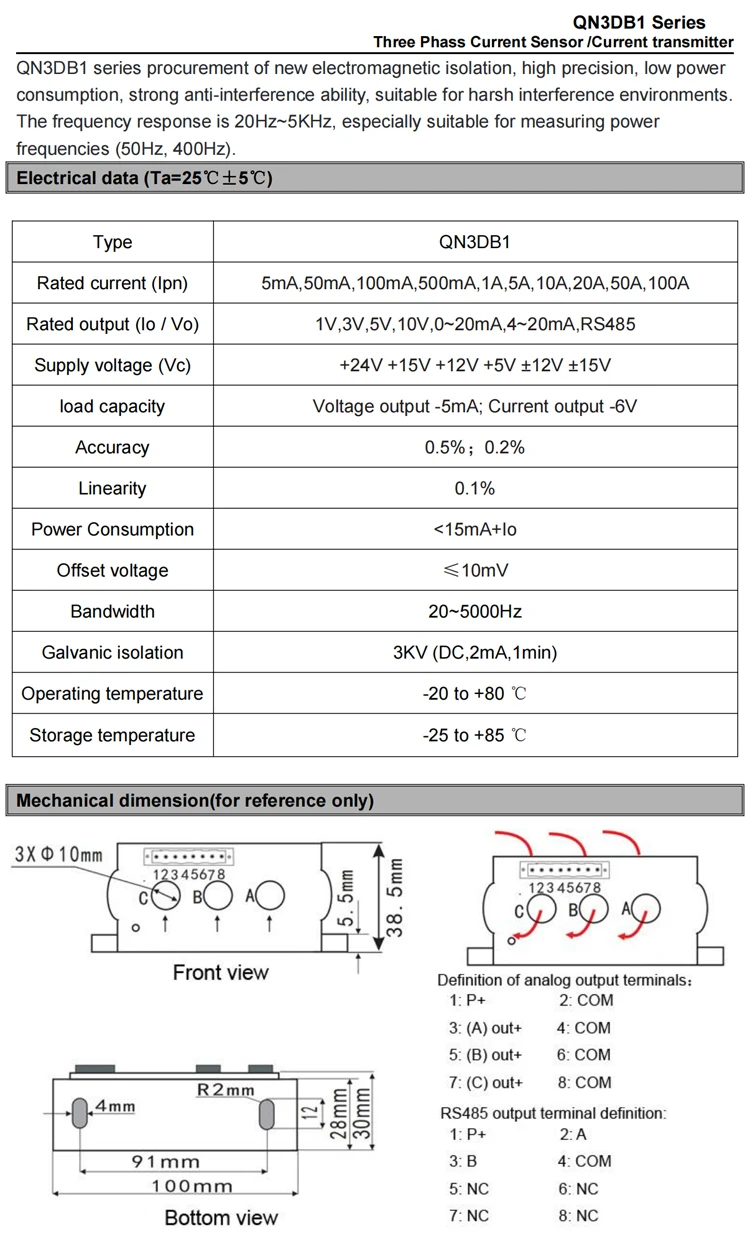Three Phase Current Sensor Qn3db1 Ac 50ma 100ma 500ma 1a 5a 10a 20a 50a ...
