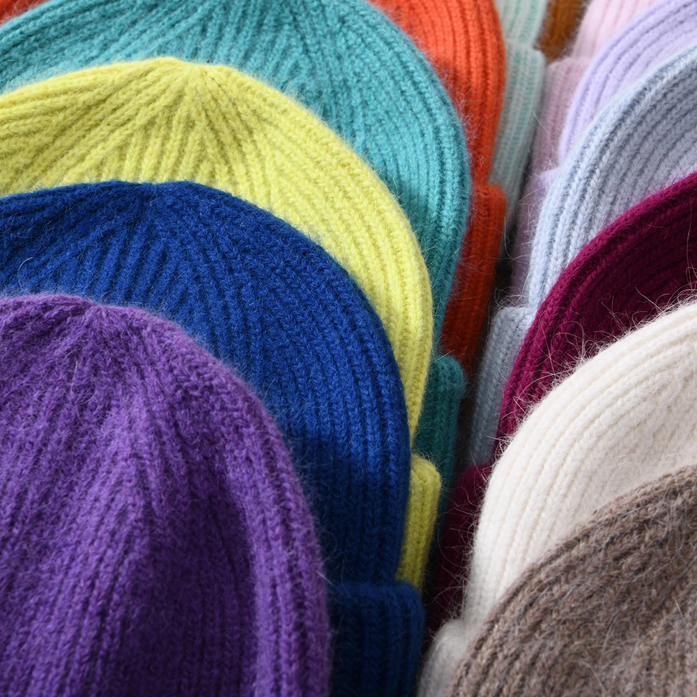 Outdoor Double Flap Thick Fluffy Angora Rabbit Fur Beanie Hat Striped ...