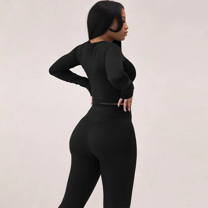 Women Workout Suit 2 Piece Long Sleeve Skim Gym Crop Top And High Waist ...