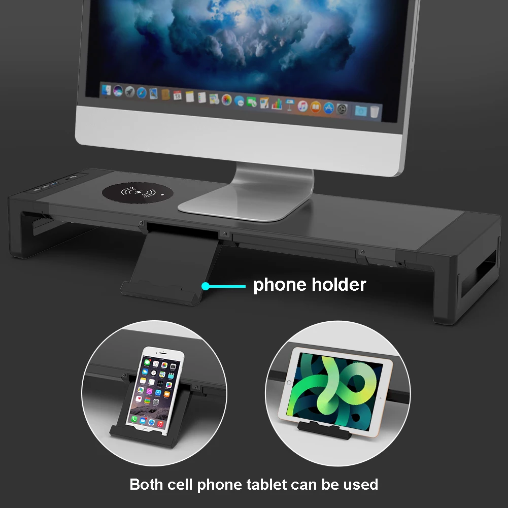 Black Multifunctional Monitor Riser with Drawer Desktop Elevated Rack ...