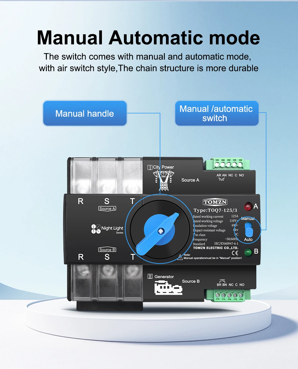 TOMZN Din Rail 3 Phase ATS 3P 63A 100A 110V 120V Switch