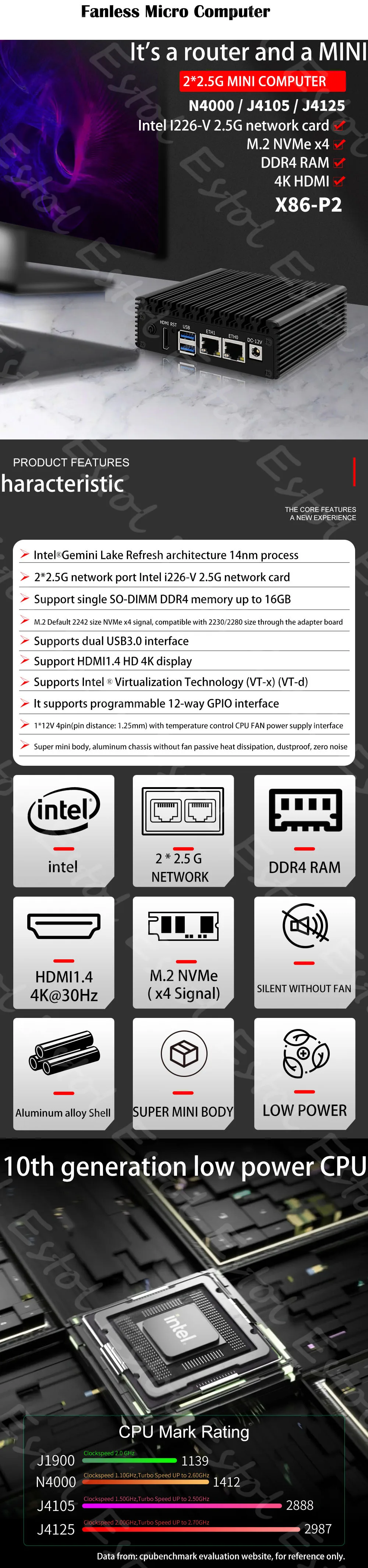 X86 Industrial Soft Router J4125 N4000 J4105 Quad Core Fanless Mini PC ...