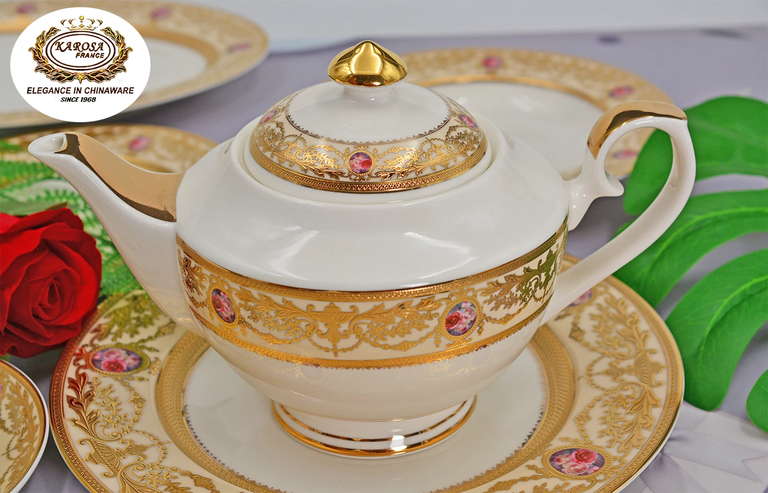 Karosa 17-Piece Western Luxury Fine Bone China with Embossed Gold ...