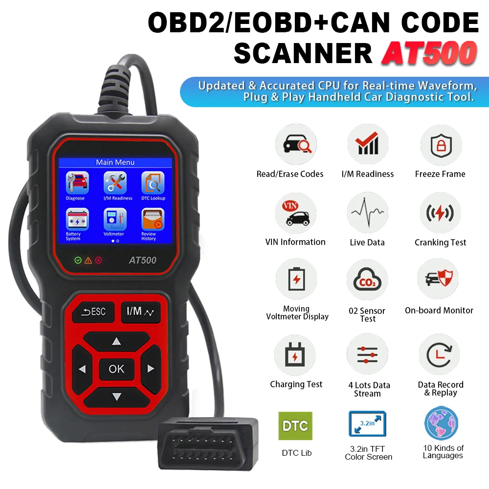 OBD2 AT500 Car Scanner - Diagnostic Tools for 12V Vehicles