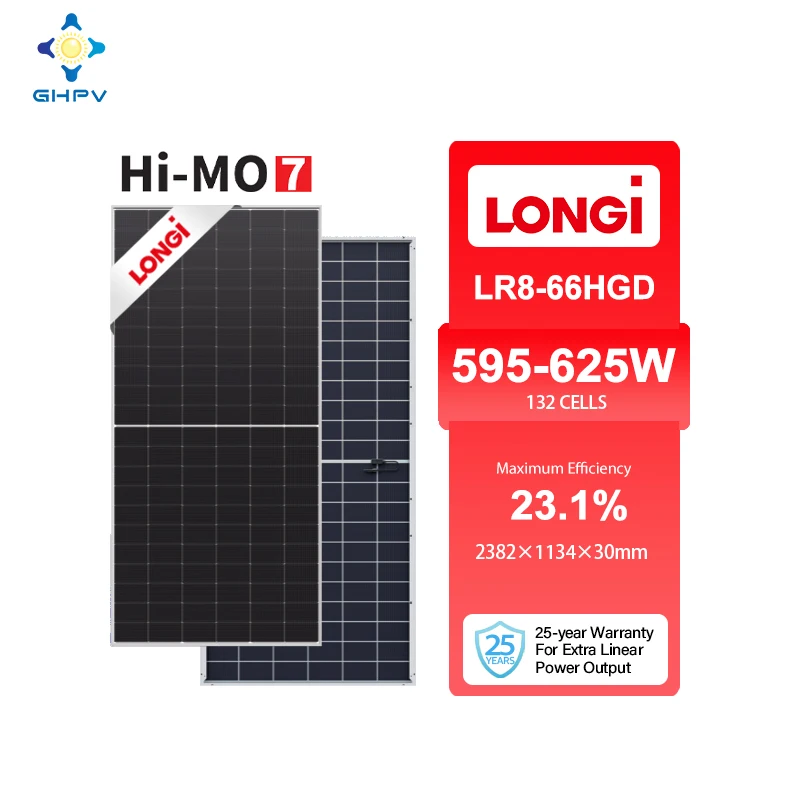 Longi Solar Hi Mo 7 LR8-66HGD Bifacial Dual Glass 595W 600W 605W 610W 615W 620W Pv Module Longi ...