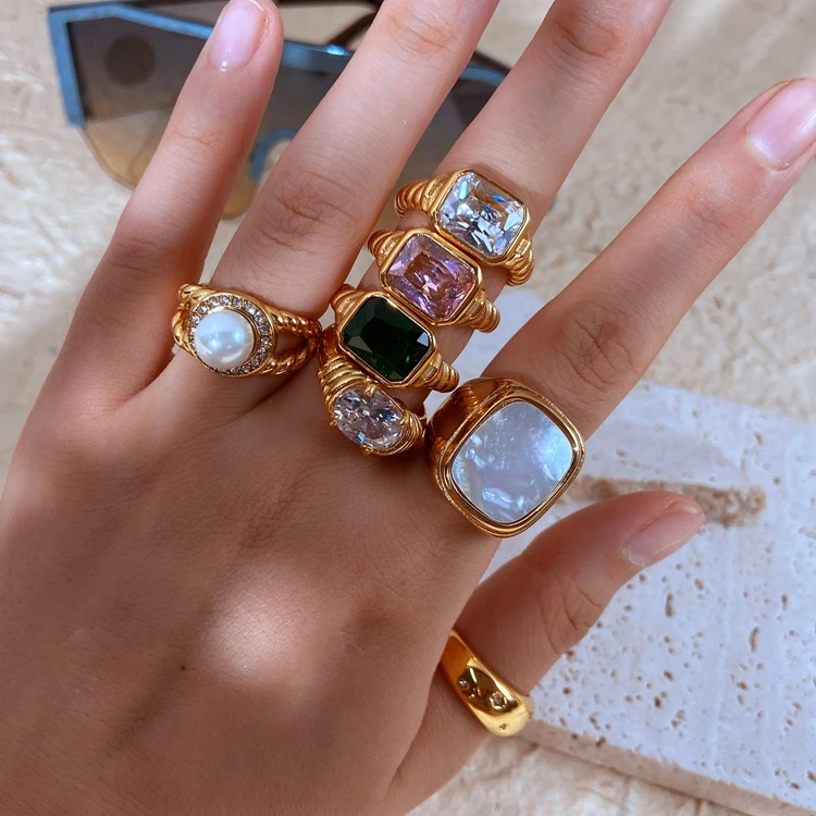 Elegant 18K Gold Stainless Steel Ins Rectangle Crystal Ring with ...