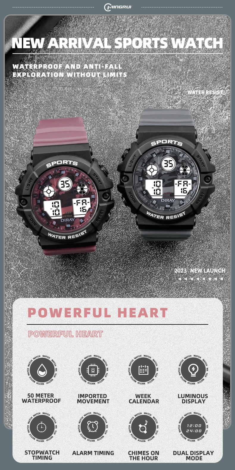 DIRAY Outdoor Waterproof Sport Watch Calendars Dual Time Wrist Watch ...