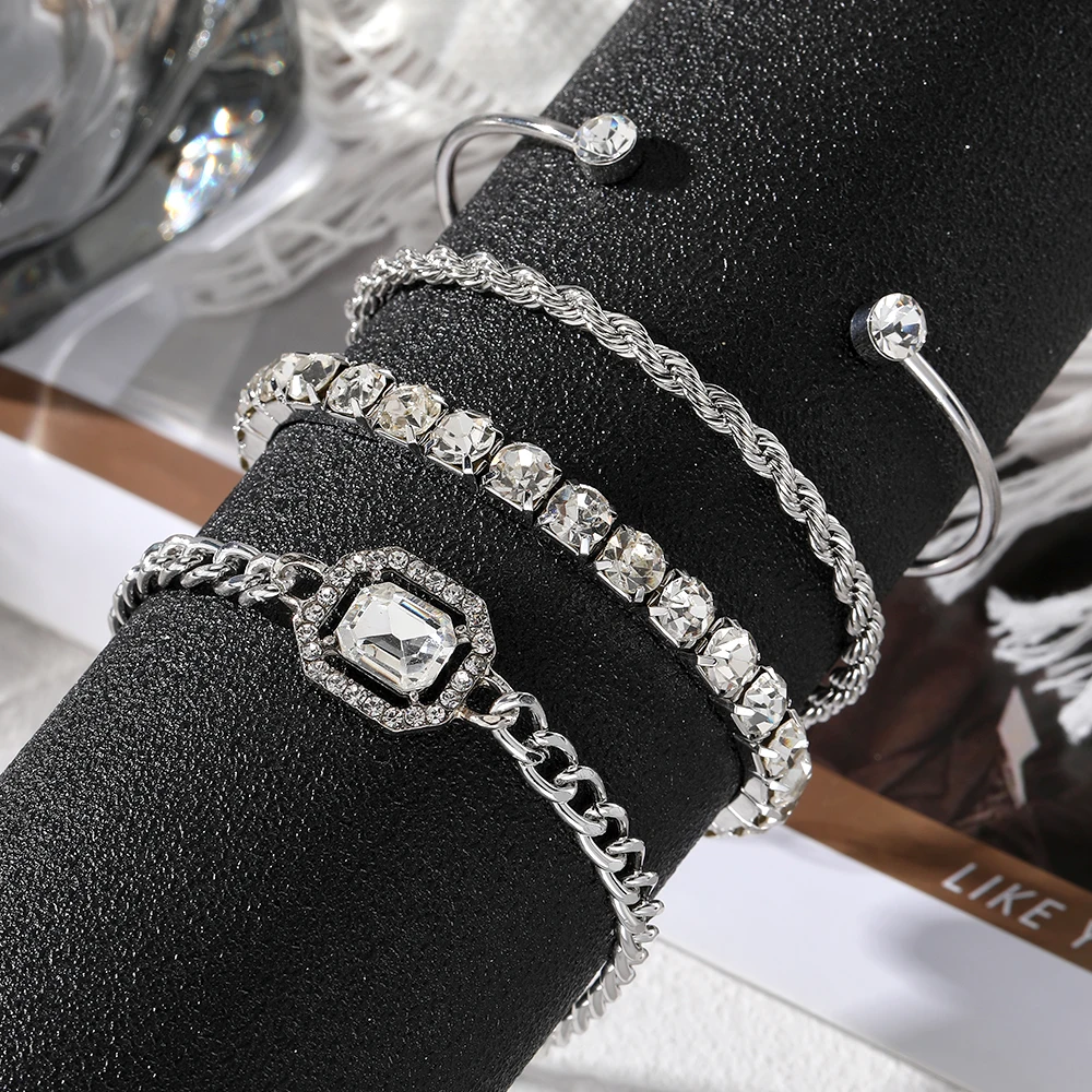 Fashion Full Diamond Crystal Open Charm Bangle Set for Women