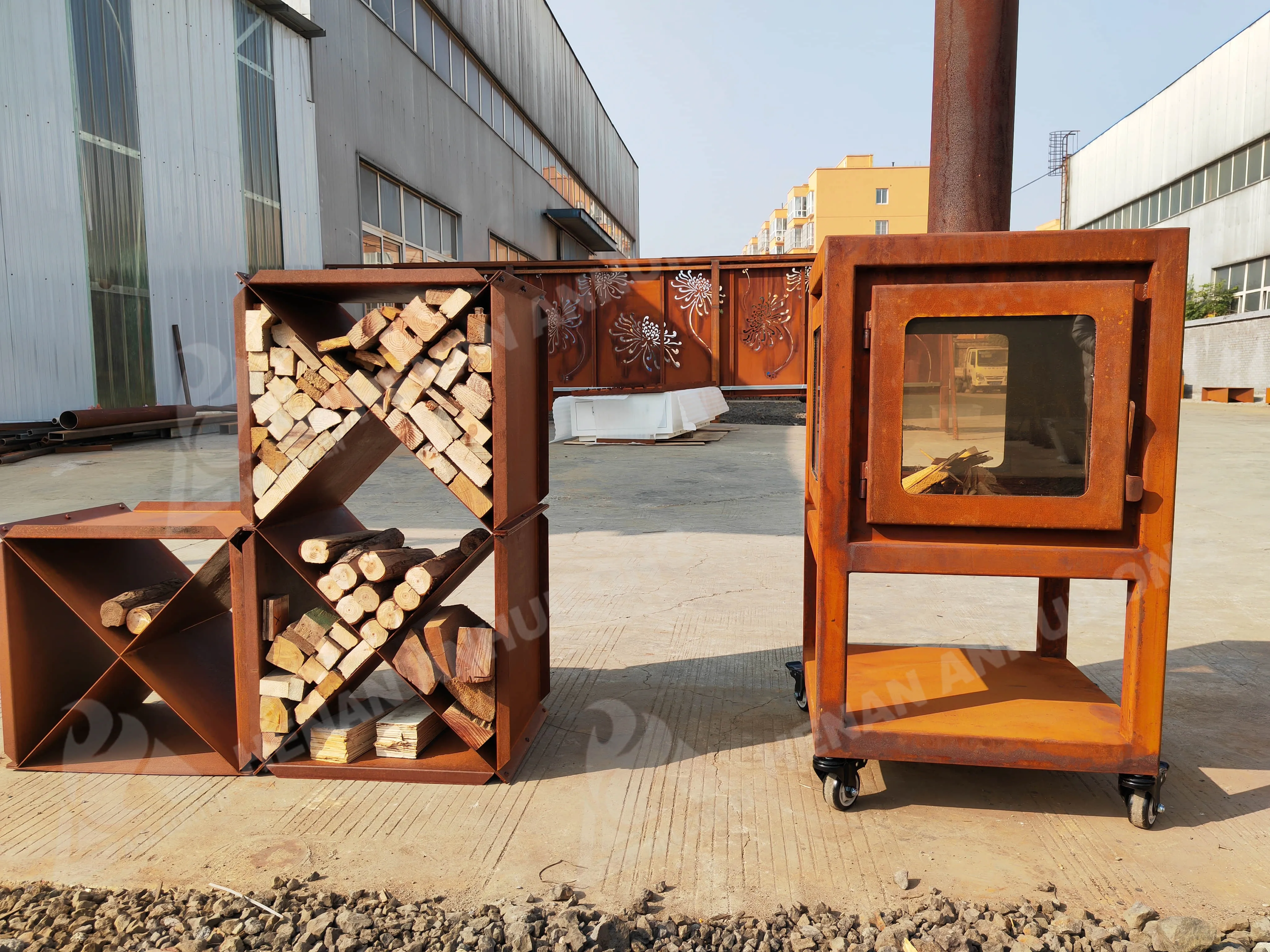 Outdoor Wood Fireplace With Chimney Corten Steel Eco Garden Stoves With ...