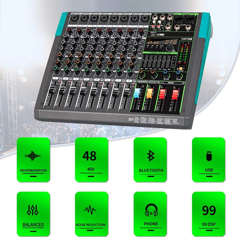 Biner MG8 8-Channel Digital Audio Mixer Console with USB, 256 Reverb ...