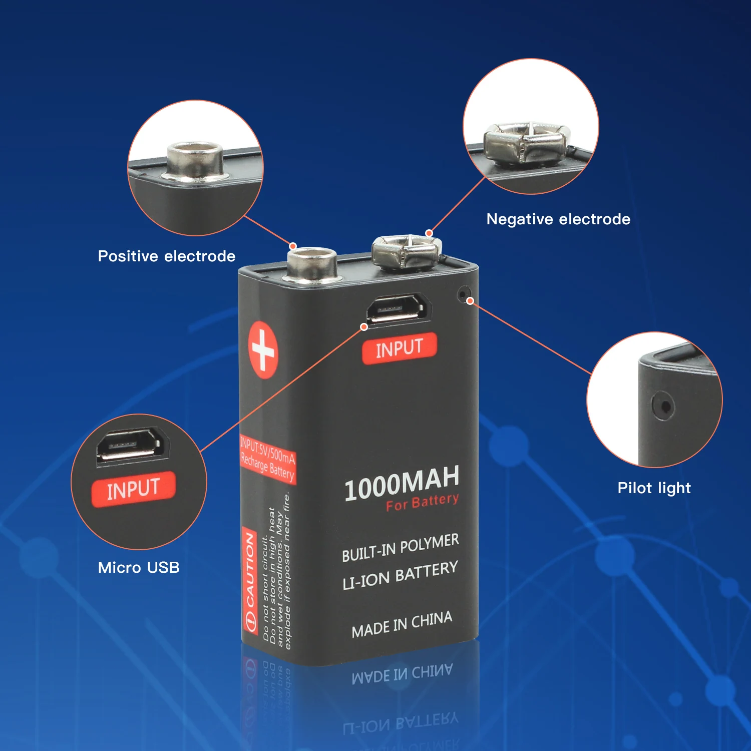 USB 9V Rechargeable Lithium Batteries - 500mah to 1000mah