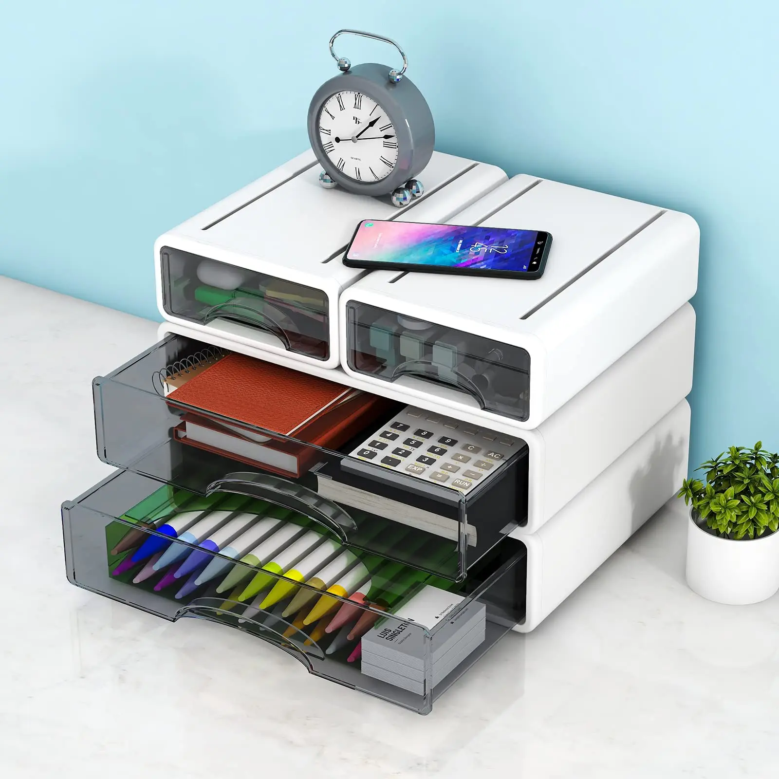 White Plastic Desktop Storage Box - Stackable & Sustainable